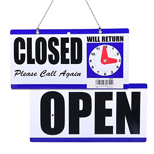 Eagle Open and Closed Sign, Plastic, with Hanging Chain, Double Sides with “Will Return” Clock, 6X11.5-Inches