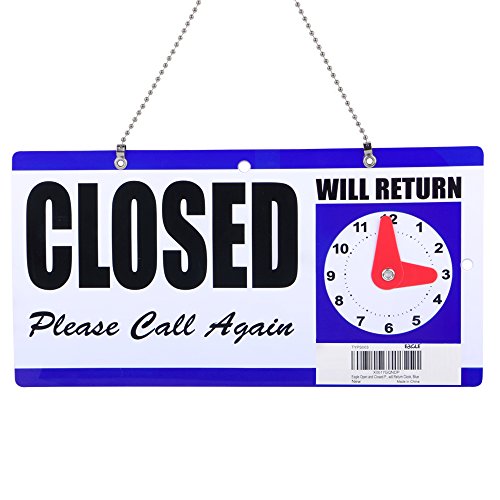 Eagle Open and Closed Sign, Plastic, with Hanging Chain, Double Sides with “Will Return” Clock, 6X11.5-Inches