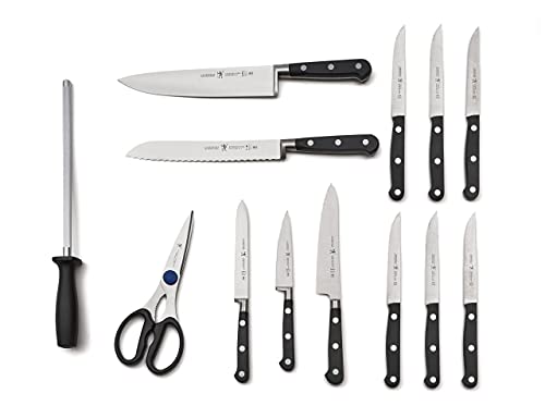 HENCKELS Couteau 14-pc Knife Block Set | 6 Steak Knives, Paring Knife, Serrated Utility Knife, Prep Knife, Bread Knife, Chef’s Knife, Sharpening Steel & Kitchen Shears