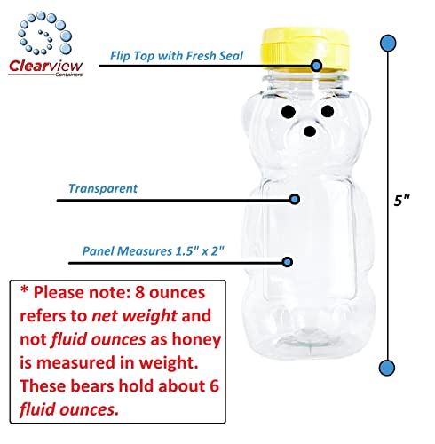 CLEARVIEW CONTAINERS | 8 Ounce Honey Bears with Flip Top Lid | Perfect for Holidays, Baby Shower Gifts, Beekeeping, Honey Dispensing (Yellow 8 Ounce Bear, 24 Pack)