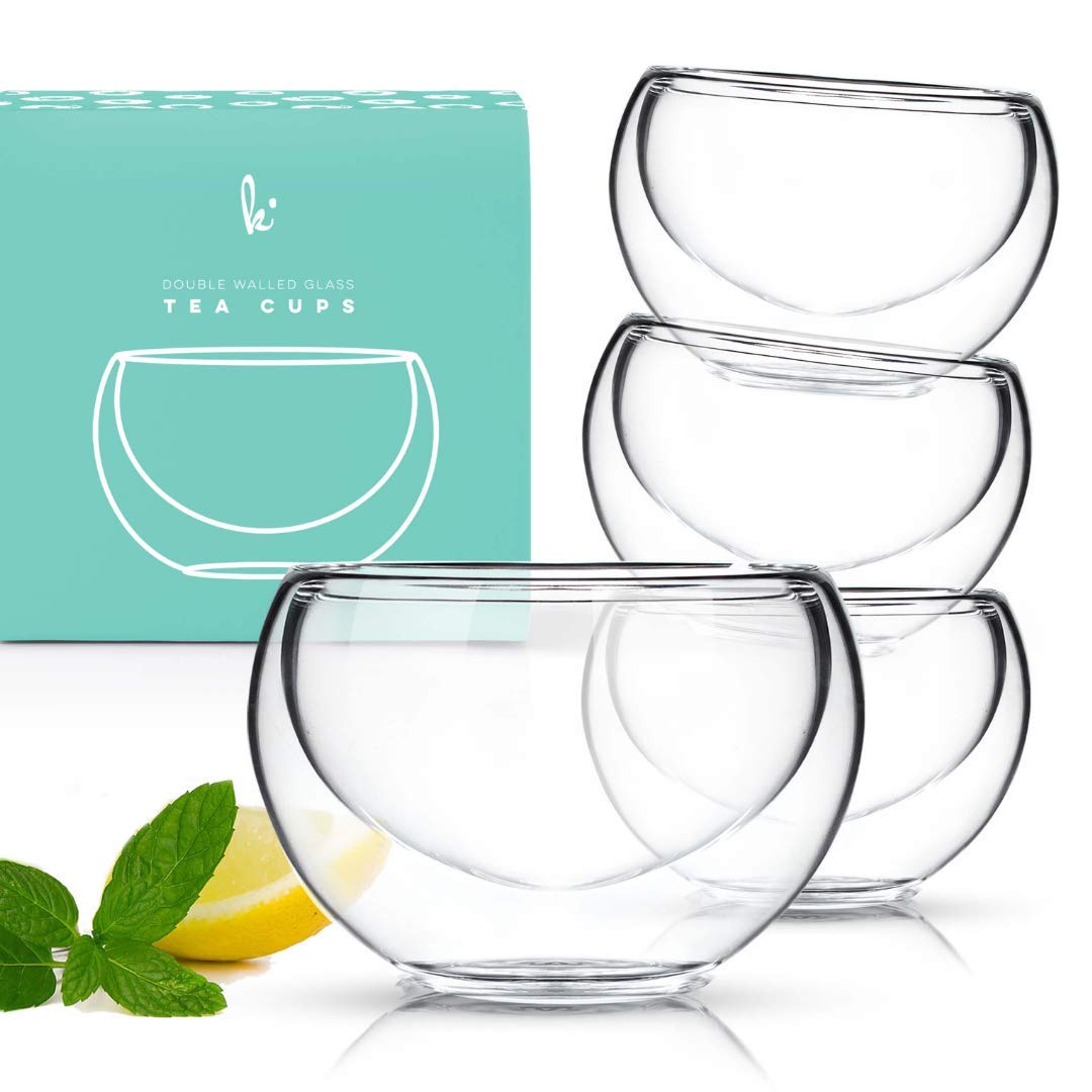 Kitchables Glass Tea Cups, Durable Insulated Cups for Hot Tea, Borosilicate Glass Mug, Fancy Tea Cups (2.5oz, Set of 4)