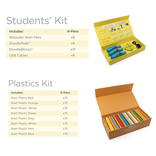 3Doodler Edu Start Learning Pack, Half Set (2019 Version), with X6 3D Printing Pen + X600 Strands of Plastic Filament + Class Activity Plans, Blue Pens