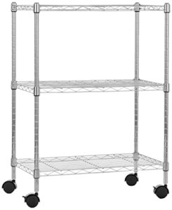 amazon basics 3-shelf adjustable, heavy duty storage shelving unit on 4'' wheel casters, metal organizer wire rack, chrome, 23.2"l x 13.4"w x 32.75"h