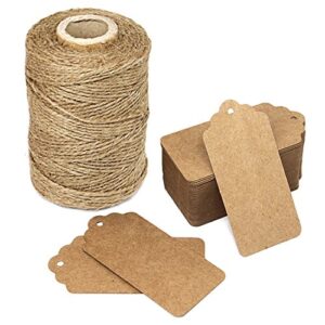 300 feet natural jute twine and 100pcs brown rectangle kraft paper gift tags for crafts & price tags labels by blisstime