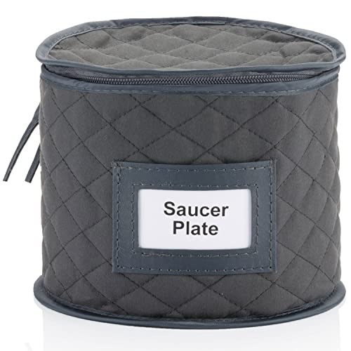 China Storage Case - Saucer or Small Plate Quilted Case - 7 inches diameter x 6 inches height - Gray - Includes 12 Felt Separators