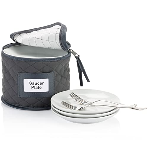 China Storage Case - Saucer or Small Plate Quilted Case - 7 inches diameter x 6 inches height - Gray - Includes 12 Felt Separators