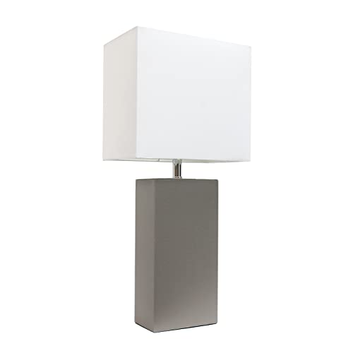 Elegant Designs LT1025-GRY Modern Leather Table Lamp with White Fabric Shade, Gray