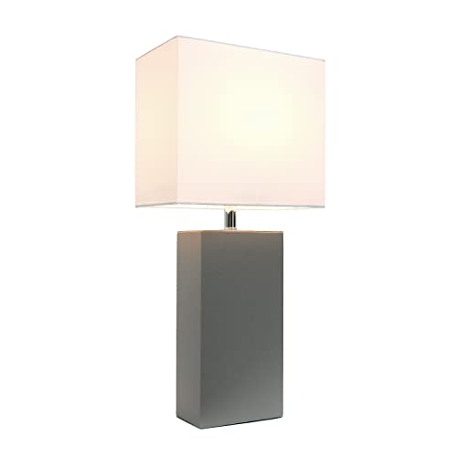 Elegant Designs LT1025-GRY Modern Leather Table Lamp with White Fabric Shade, Gray