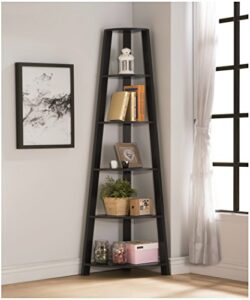 raamzo cappuccino finish wood wall corner 5-tier bookshelf bookcase accent etagere