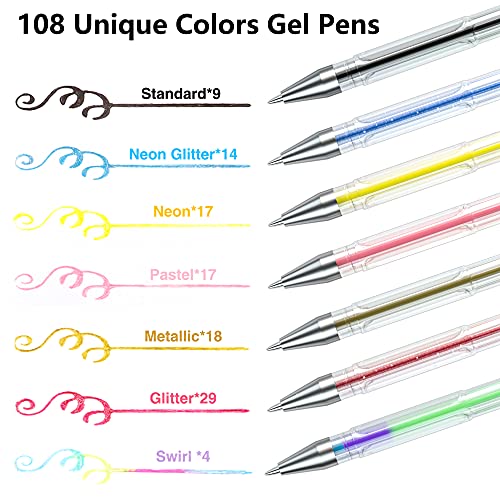 Lineon Gel Pens 108 Colours Gel Pen Set for Adult Colouring Books Art Markers