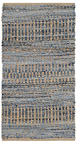 SAFAVIEH Cape Cod Collection Accent Rug - 2'3" x 4', Natural & Blue, Handmade Flat Weave Coastal Braided Jute, Ideal for High Traffic Areas in Entryway, Living Room, Bedroom (CAP353A)