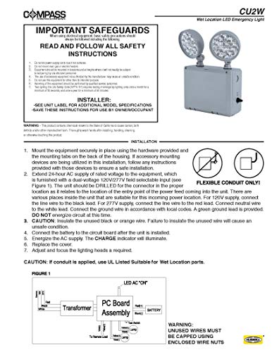 Compass CU2WG Emergency Lights for Power Failure with 2 Adjustable LED Lamp Heads, 90-Minute Run Time, Commercial Grade UL924 Wet Location Remote Capable, 120-277V, Grey