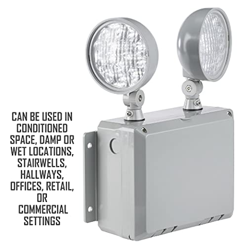 Compass CU2WG Emergency Lights for Power Failure with 2 Adjustable LED Lamp Heads, 90-Minute Run Time, Commercial Grade UL924 Wet Location Remote Capable, 120-277V, Grey