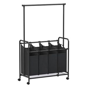 songmics 4-section laundry sorter, rolling laundry cart with hanging bar, laundry organizer, hampers for laundry, heavy-duty, lockable wheels, 4 x 13.2 gal., black urls44b