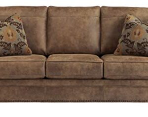 Signature Design by Ashley Larkinhurst Faux Leather Queen Sofa Sleeper with Nailhead Trim and 2 Accent Pillows, Brown