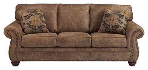 Signature Design by Ashley Larkinhurst Faux Leather Queen Sofa Sleeper with Nailhead Trim and 2 Accent Pillows, Brown