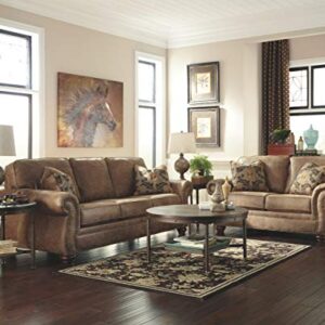 Signature Design by Ashley Larkinhurst Faux Leather Queen Sofa Sleeper with Nailhead Trim and 2 Accent Pillows, Brown