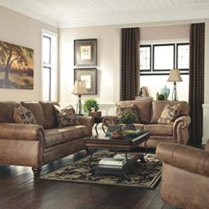 Signature Design by Ashley Larkinhurst Faux Leather Queen Sofa Sleeper with Nailhead Trim and 2 Accent Pillows, Brown