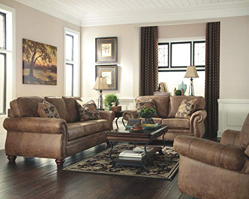 Signature Design by Ashley Larkinhurst Faux Leather Queen Sofa Sleeper with Nailhead Trim and 2 Accent Pillows, Brown