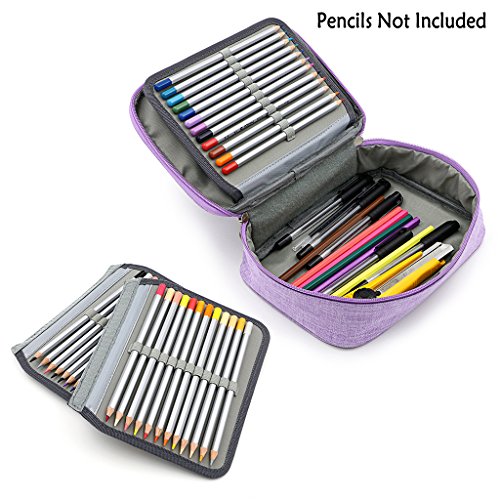 BTSKY® High Capacity Zipper Pens Pencil Case- Multi-Functional Stationery Pencil Pouch 72 Slots Colored Pencil Case Portable Pencil Bags With 2 Removable Sleeves(Purple)