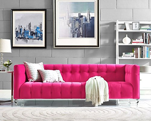 Tov Furniture The Bea Collection Modern Style Velvet Upholstered Living Room Sofa with Lucite Legs, Pink