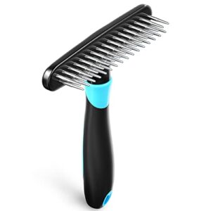 dog rake deshedding dematting brush comb - undercoat rake for dogs, cats, matted, short,long hair coats - brush for shedding, double row stainless steel pins - reduce shedding by 90% (blue)