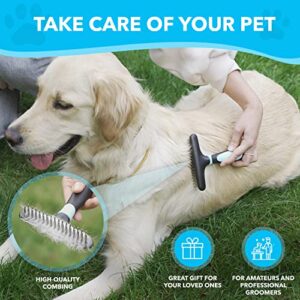 Dog rake deshedding dematting Brush Comb - Undercoat rake for Dogs, Cats, matted, Short,Long Hair Coats - Brush for Shedding, Double Row Stainless Steel pins - Reduce Shedding by 90% (Blue)