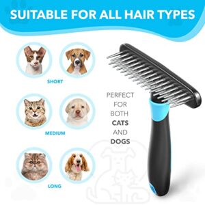 Dog rake deshedding dematting Brush Comb - Undercoat rake for Dogs, Cats, matted, Short,Long Hair Coats - Brush for Shedding, Double Row Stainless Steel pins - Reduce Shedding by 90% (Blue)