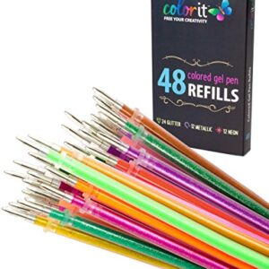 ColorIt 48 Gel Pen Ink Refills for Glitter, Metallic, and Neon - Color Coded for Easy Replacement (Gel)