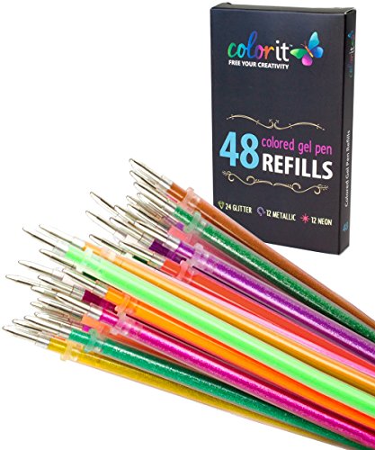 ColorIt 48 Gel Pen Ink Refills for Glitter, Metallic, and Neon - Color Coded for Easy Replacement (Gel)