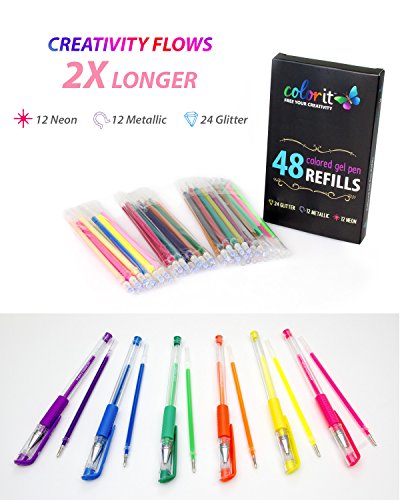 ColorIt 48 Gel Pen Ink Refills for Glitter, Metallic, and Neon - Color Coded for Easy Replacement (Gel)