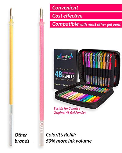 ColorIt 48 Gel Pen Ink Refills for Glitter, Metallic, and Neon - Color Coded for Easy Replacement (Gel)