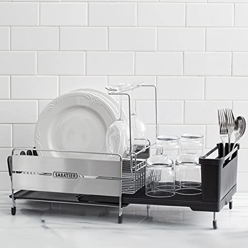 Sabatier Expandable Stainless Steel Dish Rack with Rust-Resistant Soft Coated Wires and Bi-Directional Spout, Gray/Black