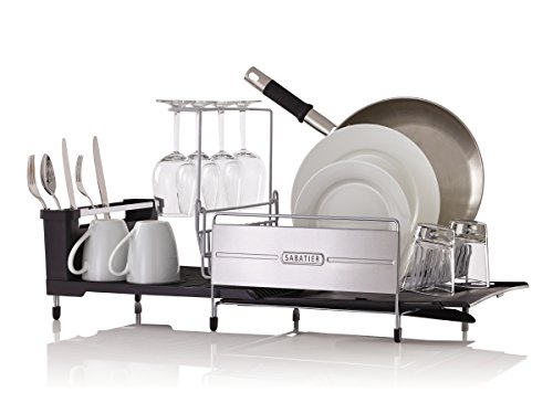 Sabatier Expandable Stainless Steel Dish Rack with Rust-Resistant Soft Coated Wires and Bi-Directional Spout, Gray/Black