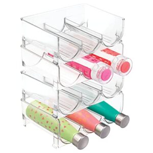 mdesign stackable plastic 3 bottle refrigerator wine rack - kitchen storage organizer for champagne, wine or water bottles - stacking wine organizer for fridge - ligne collection - 4 pack - clear