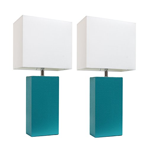 Elegant Designs LC2000-TEL-2PK 2 Pack Modern Leather Table Lamps with White Fabric Shades, Teal