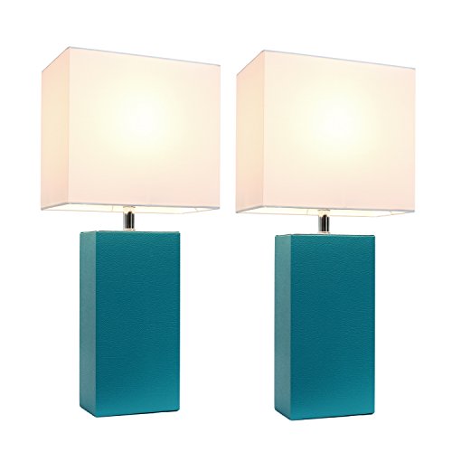 Elegant Designs LC2000-TEL-2PK 2 Pack Modern Leather Table Lamps with White Fabric Shades, Teal