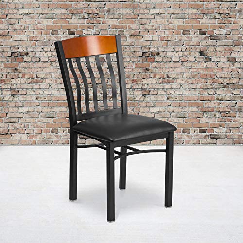 Flash Furniture 2 Pk. Eclipse Series Vertical Back Black Metal and Cherry Wood Restaurant Chair with Black Vinyl Seat