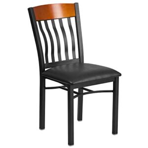 Flash Furniture 2 Pk. Eclipse Series Vertical Back Black Metal and Cherry Wood Restaurant Chair with Black Vinyl Seat