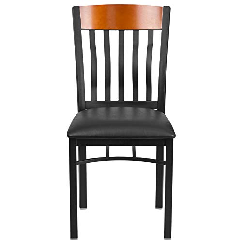 Flash Furniture 2 Pk. Eclipse Series Vertical Back Black Metal and Cherry Wood Restaurant Chair with Black Vinyl Seat