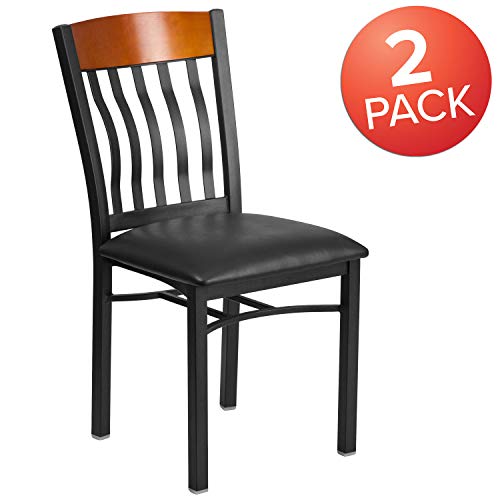 Flash Furniture 2 Pk. Eclipse Series Vertical Back Black Metal and Cherry Wood Restaurant Chair with Black Vinyl Seat