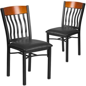 Flash Furniture 2 Pk. Eclipse Series Vertical Back Black Metal and Cherry Wood Restaurant Chair with Black Vinyl Seat