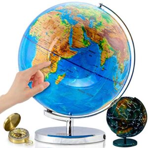 get life basics illuminated globe of the world with stand - 13 inch tall 3in1 world globe, constellation globe night light, and globe lamp with built-in led, easy to read texts, and non-tip base