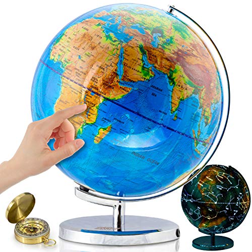 GET LIFE BASICS Illuminated Globe of the World with Stand - 13 Inch Tall 3in1 World Globe, Constellation Globe Night Light, and Globe Lamp with Built-In LED, Easy to Read Texts, and Non-Tip Base