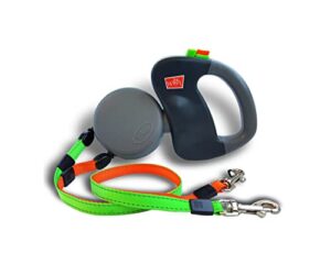 wigzi (2 two dog reflective retractable pet leash – 360 degree zero tangle patent - two dogs each up to 50 lbs and 10ft. reflective orange and green leads. dual locking, small, gray