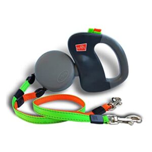 WIGZI (2 Two Dog Reflective Retractable Pet Leash – 360 Degree Zero Tangle Patent - Two Dogs Each up to 50 lbs and 10ft. Reflective Orange and Green Leads. Dual Locking, Small, Gray