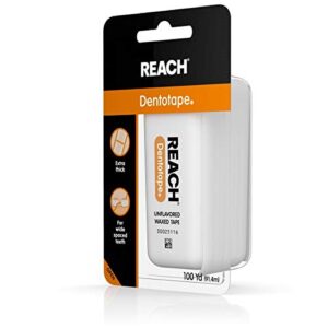 Reach Dentotape Waxed Dental Floss with Extra Wide Cleaning Surface for Large Spaces between Teeth, Unflavored, 100 Yards (Pack of 6)