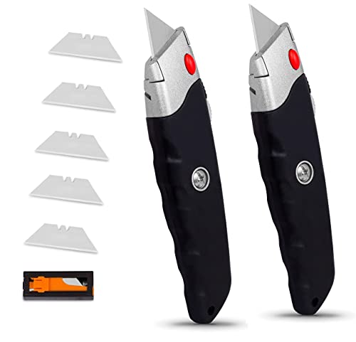 Internet's Best Premium Utility Knife - Set of 2 - Retractable Razor Knife Set - Box Cutter - Rubber Handle