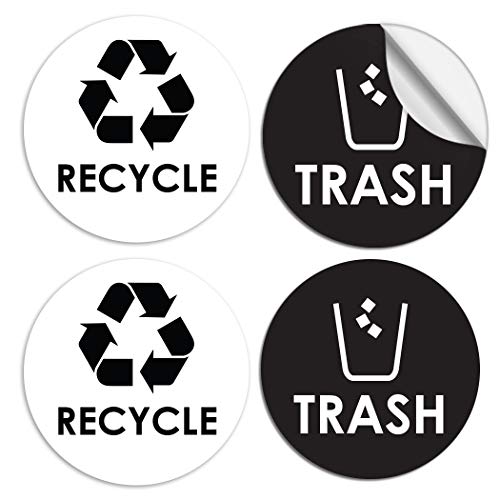 Recycle and Trash Can Sticker - 4"x4" Black & White Round Label 4 Pack Set - Organize Kitchen & Office Disposal Bins (Pixelverse Design)