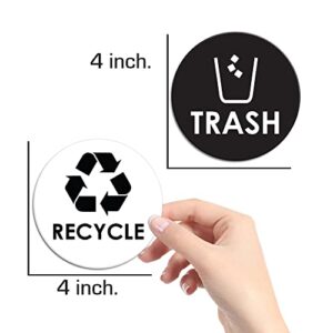 Recycle and Trash Can Sticker - 4"x4" Black & White Round Label 4 Pack Set - Organize Kitchen & Office Disposal Bins (Pixelverse Design)